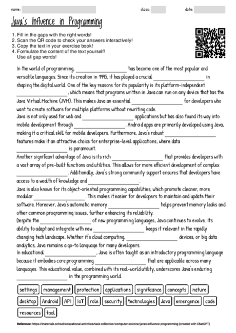 Worksheet with the topic "Java's Influence in Programming" | MATERIALS ...